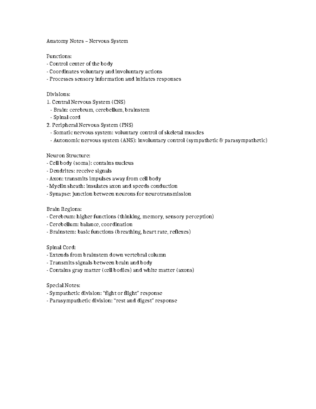 Anatomy Notes: Nervous System Functions and Structure Overview - Studocu