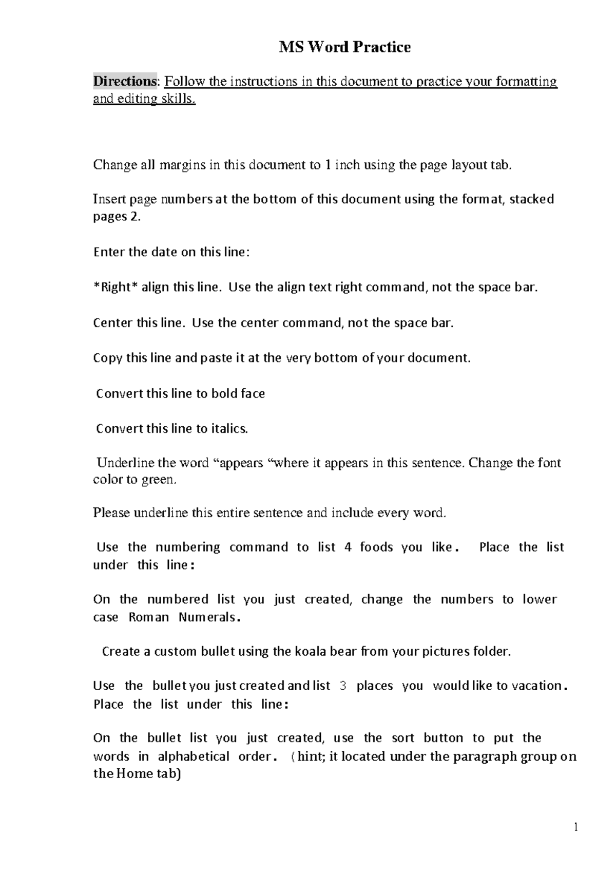 MS Word Formatting Practice Instructions - MSPractice 1 - Studocu