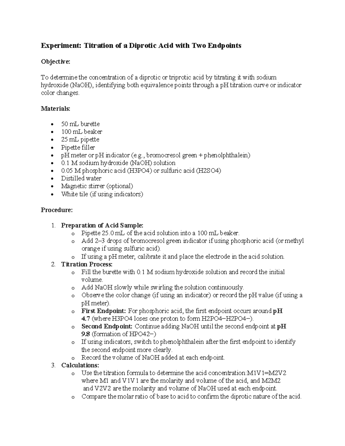 Titration Lab Report: Diprotic Acid with Two Endpoints - Chem 101 - Studocu