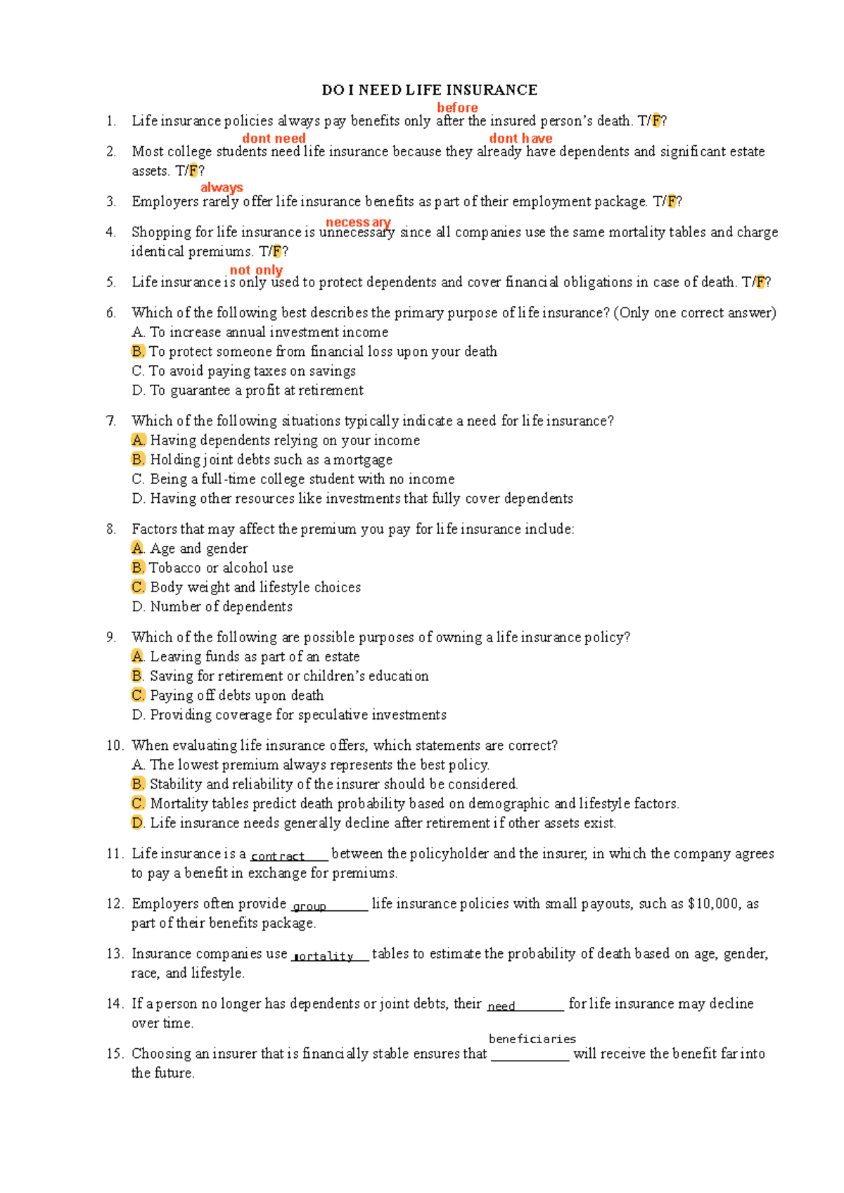 Life Insurance Needs Assessment: Key Questions & Insights - Studocu