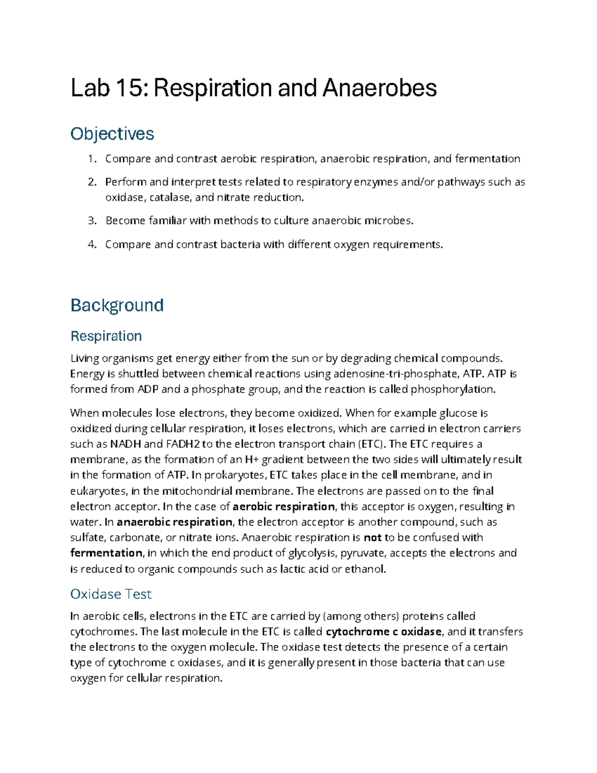Lab 15 Report: Comparing Respiration, Anaerobes, and Enzyme Tests - Studocu