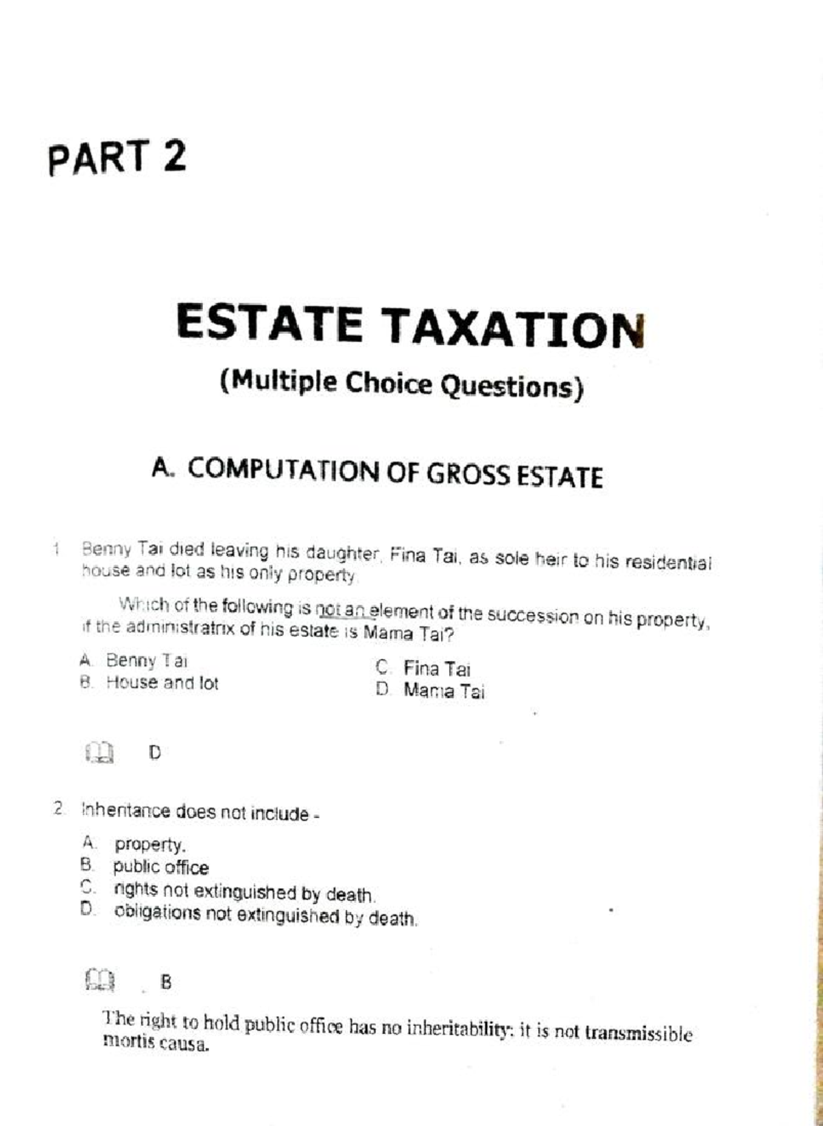 CPA REVIEWER IN TAXATION: ESTATE TAXATION Multiple Choice Questions ...