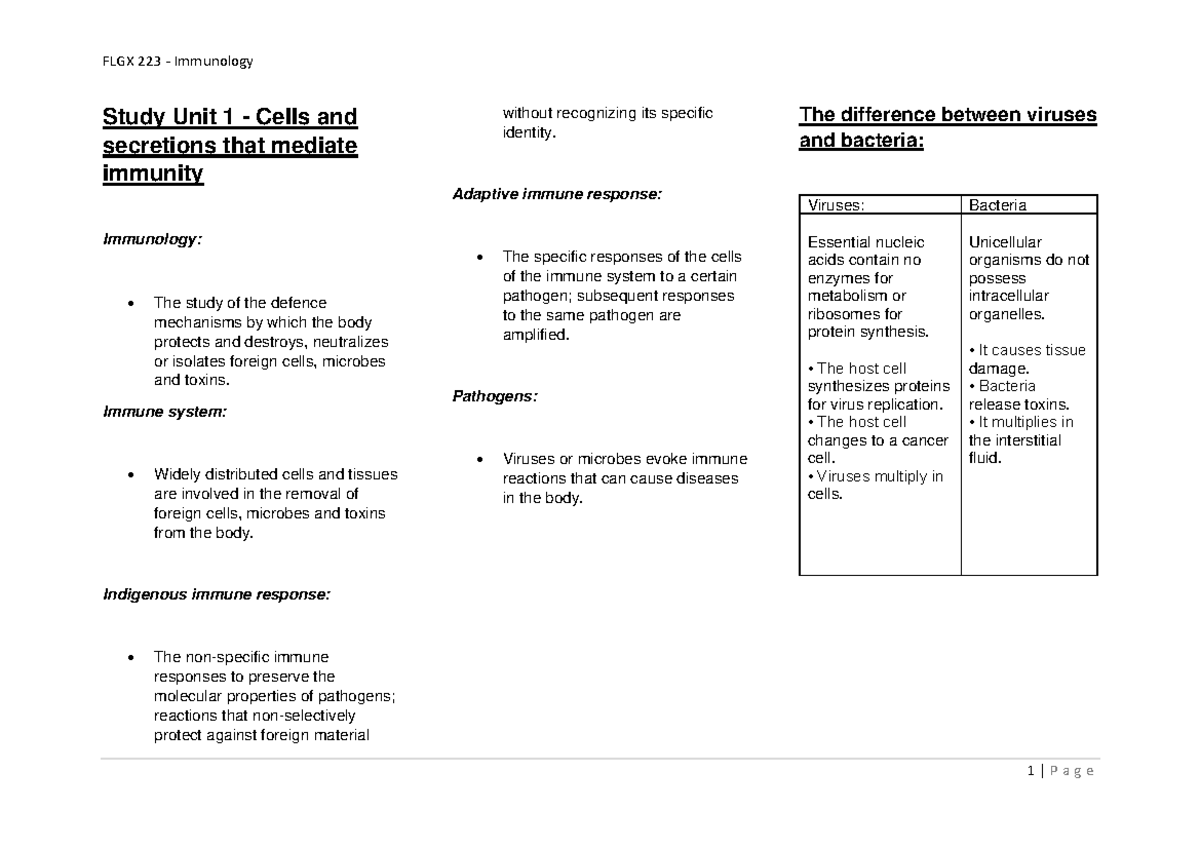 FLGX 223 Notas - read - Study Unit 1 - Cells and secretions that ...