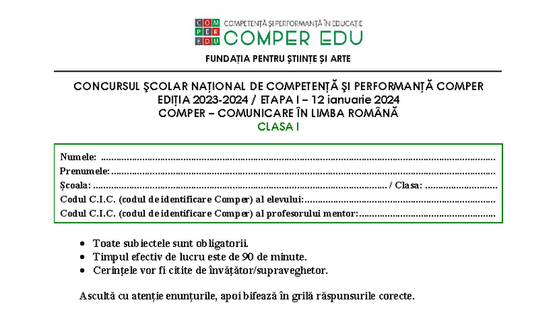 Subiecte Comper Română Etapa I 2023-2024 Clasa I - Studocu