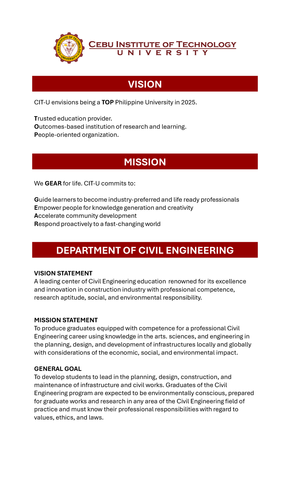 CIT CE Vision & Mission: Shaping Future Civil Engineers - Studocu