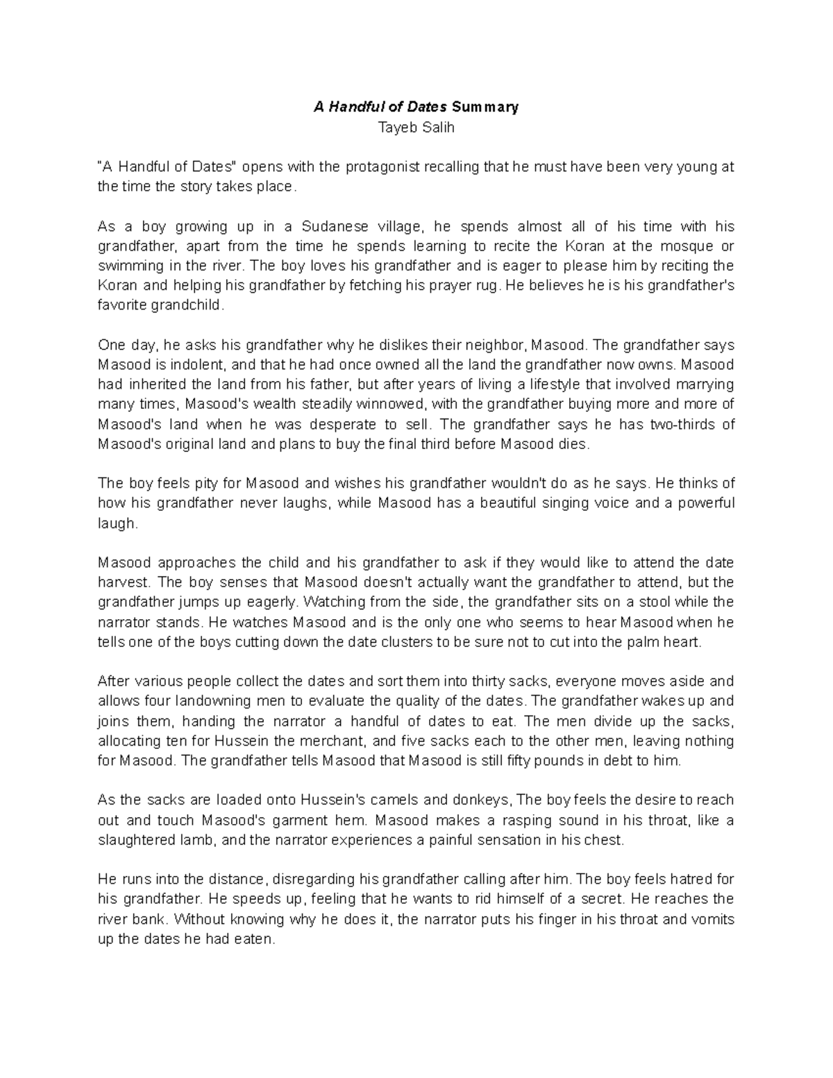 A Handful of Dates: Summary and Analysis of Tayeb Salih's Story - Studocu