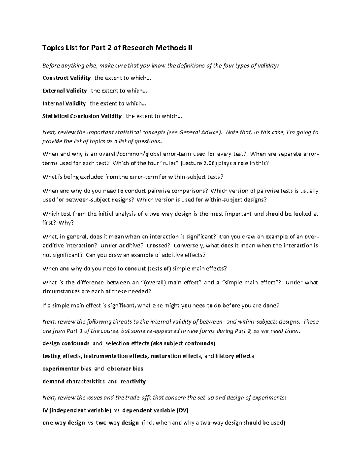 Research Methods II Topics List - Part 2 Overview & Key Concepts - Studocu