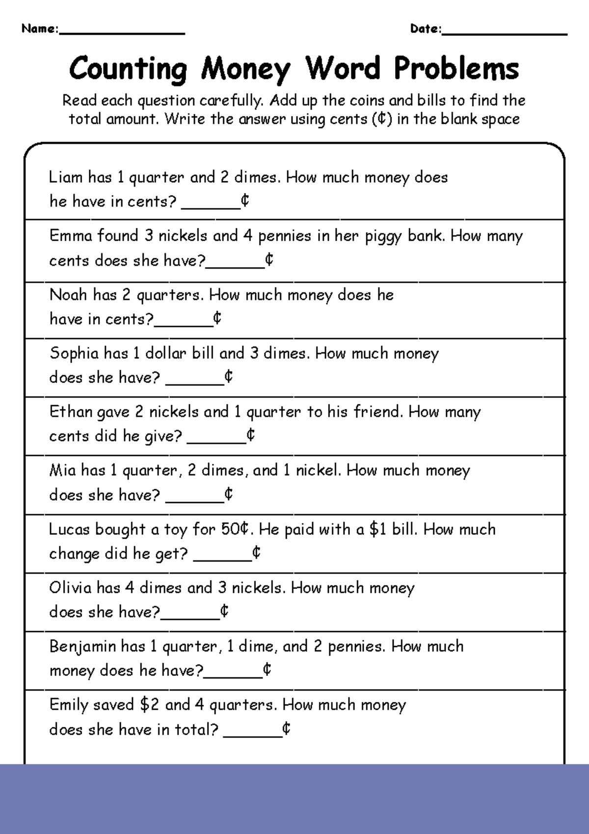 Counting Money Word Problems - 2nd Grade Worksheet - Name: Date ...