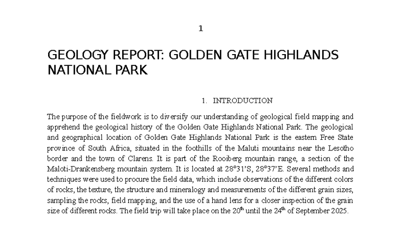 Geology Report: Golden Gate Highlands National Park Analysis - Studocu