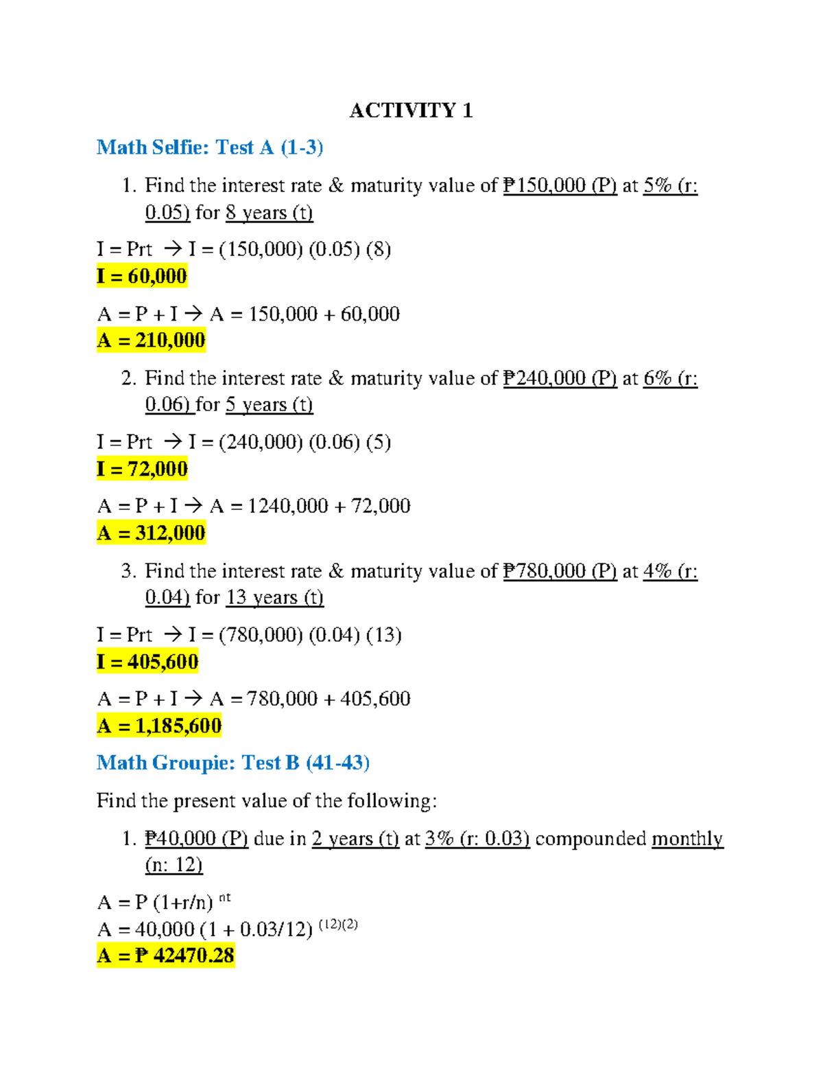 General Math: Interest Rate & Maturity Value Worksheet (W/ Answers ...