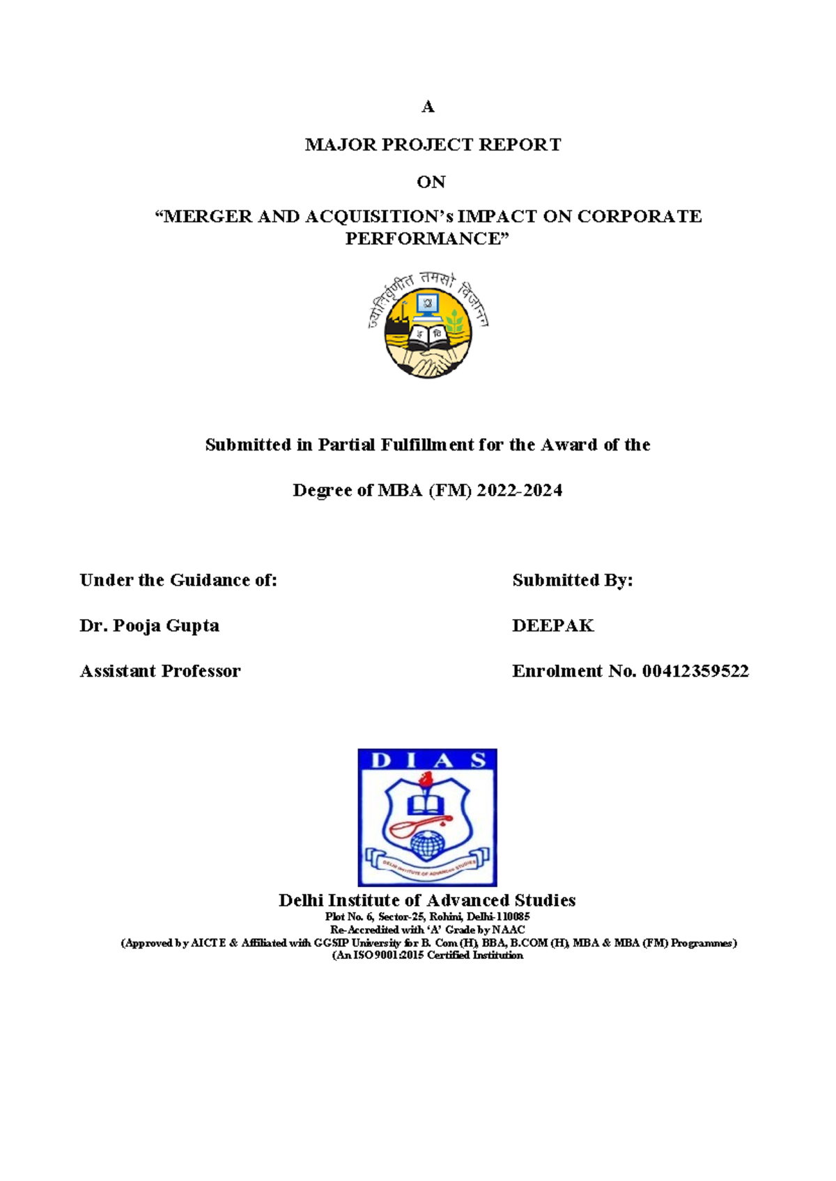 MBA (FM) Major Project Report: Impact of Mergers & Acquisitions on ...
