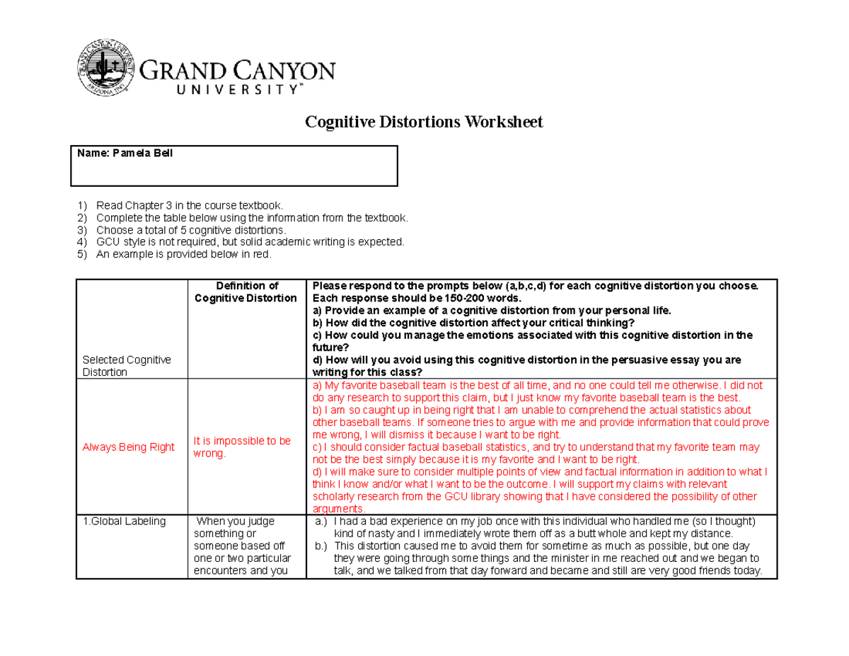 PHI105.T3 Cognitive Distortions Worksheet for Self-Reflection - Studocu