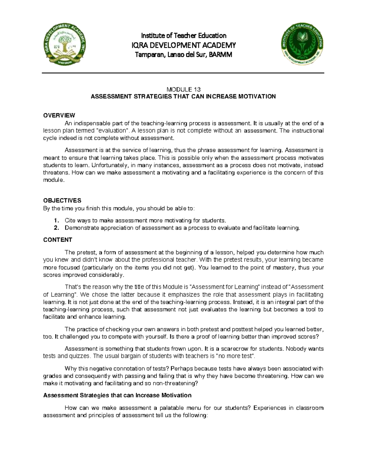 Module 13: Motivating Assessment Strategies for Enhanced Learning - Studocu
