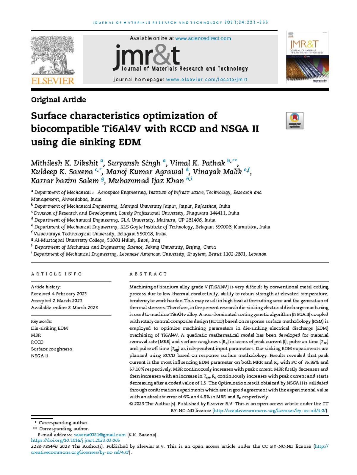 Surface Characteristics Optimization of Biocompatible Ti6Al4V Using ...