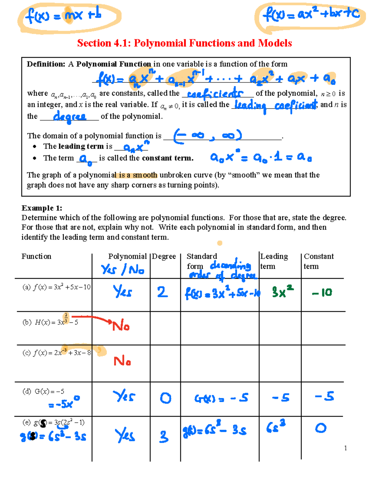 Lecture Notes: Polynomial Functions - Sections 4.1 & 4.2 (Math 101 ...