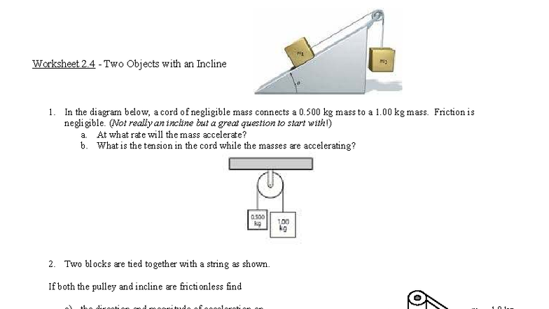 Unit 2 - Worksheet 2.4: Acceleration & Tension in Inclined Systems ...