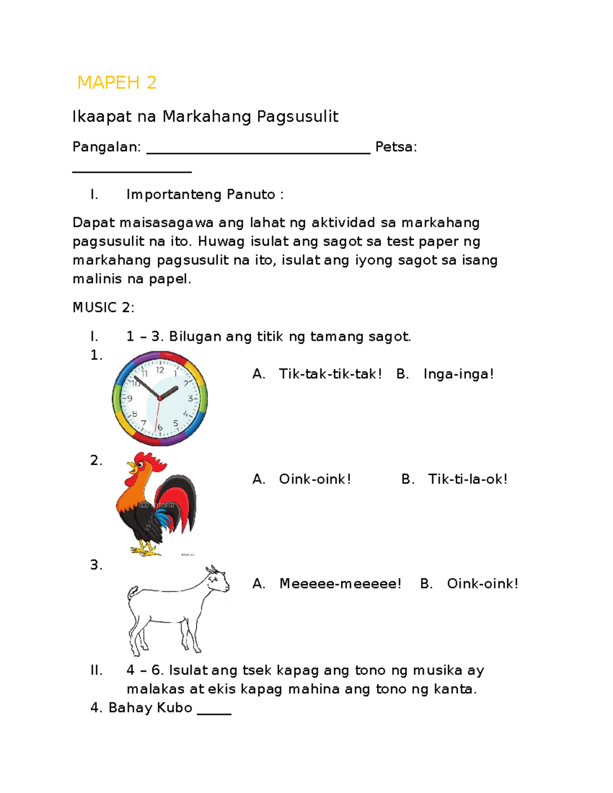 MAPEH 2 - Markahang Pagsusulit ng Musika, Sining, PE at Kalusugan - Studocu