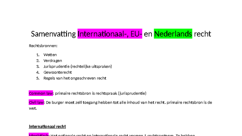 Samenvatting Europees- en Internationaal Recht: Belangrijke Bronnen en ...