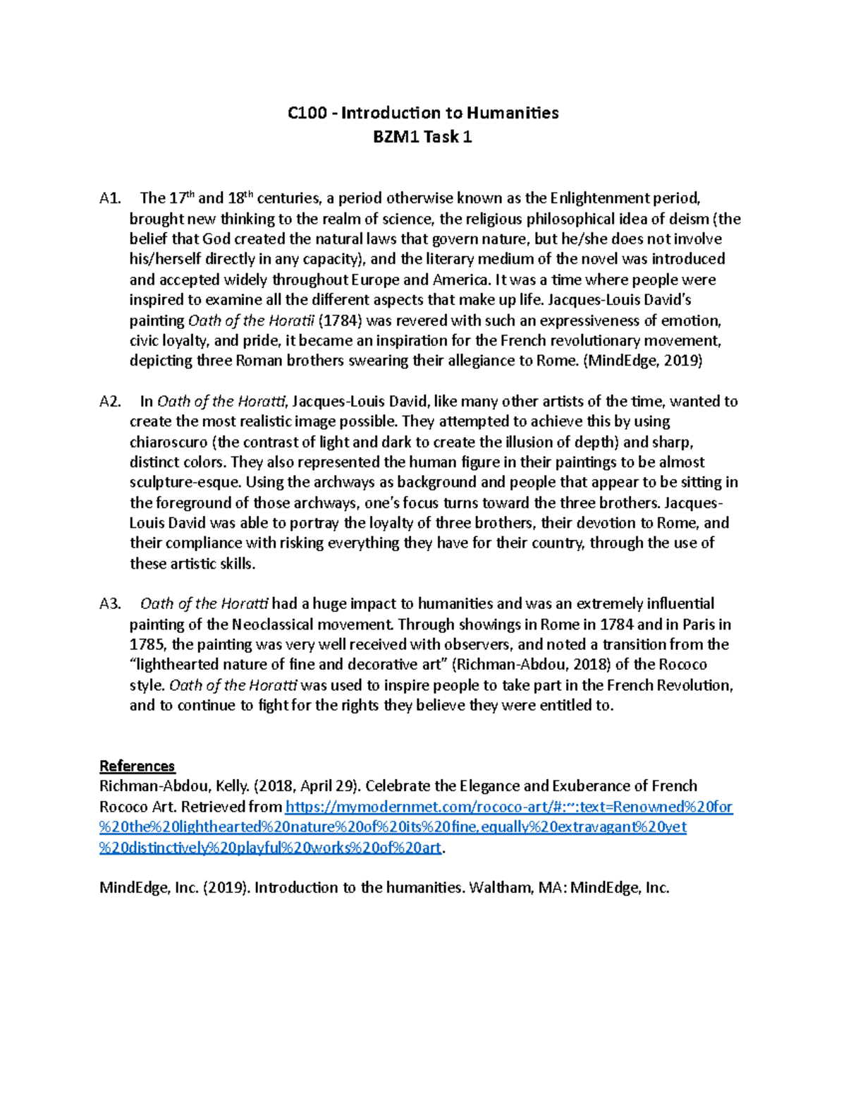 C100 Intro Humanities Task 1 - C100 - Introduction to Humanities BZM1 ...