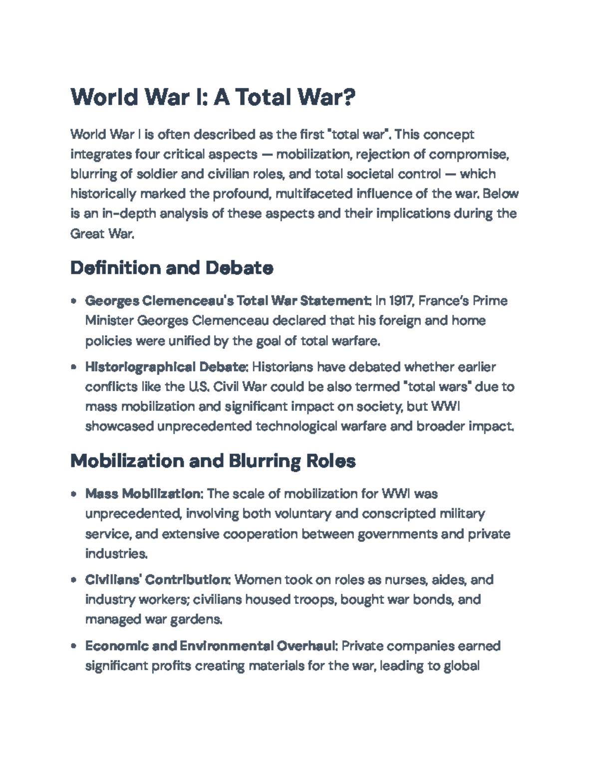World War I: An Analysis of Total War Concepts and Impacts - World War ...