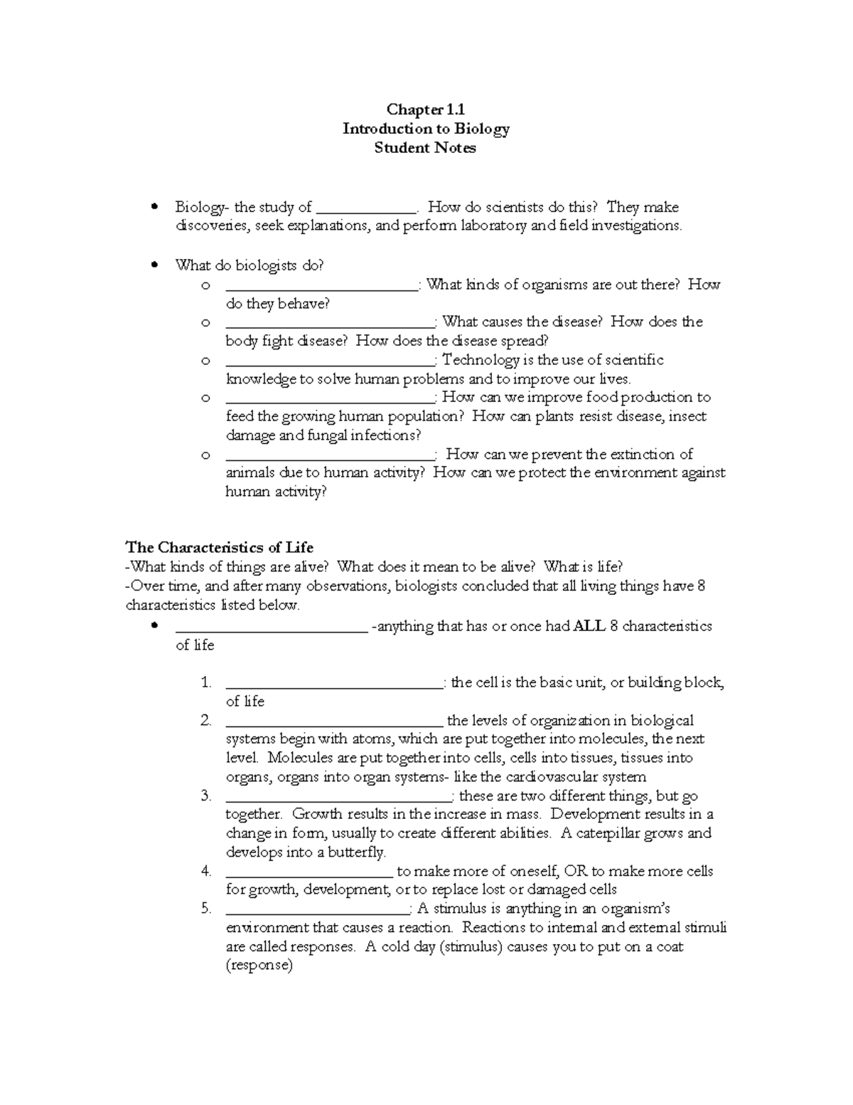 Biology 101: Chapter 1.1 Intro to Biology Student Notes - Studocu