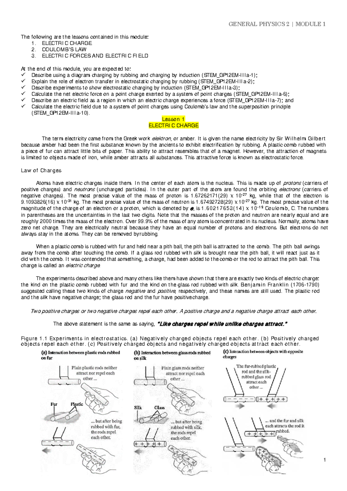 G12 General Physics 2: Module 1 - Lessons on Electric Charge and Forces ...