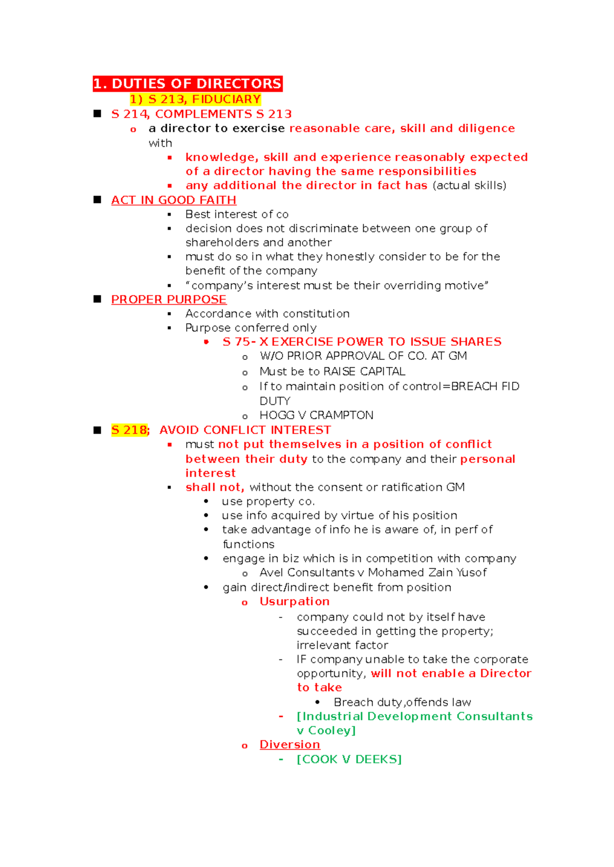 Essay C6 - summary of law notes - 1. DUTIES OF DIRECTORS 1) S 213 ...