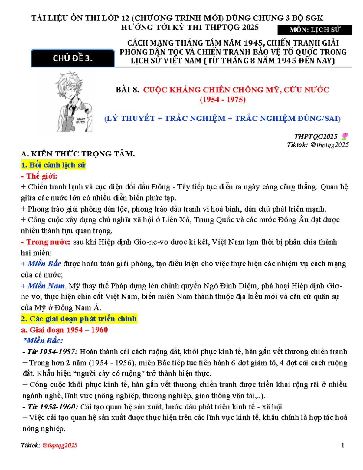 TÀI LIỆU ÔN THI LỚP 12 MÔN LỊCH SỬ: CUỘC KHÁNG CHIẾN CHỐNG MỸ (1954 ...