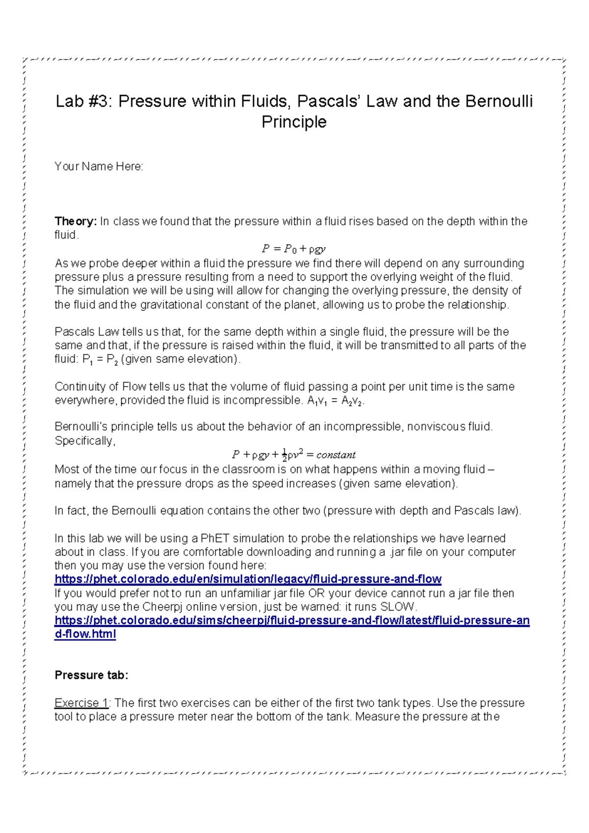 Physics Phet Lab Report on Pressure within Fluids, Pascals’ Law and the ...