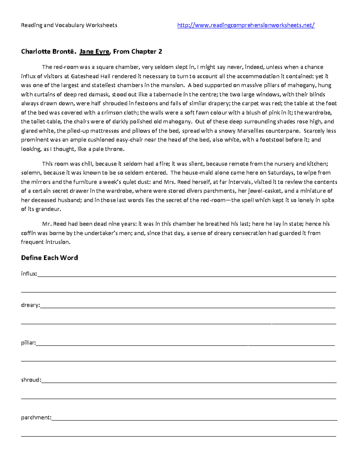 Jane Eyre Chapter 2 Vocabulary & Reading Activity - Read.Vocab Setgtxz ...