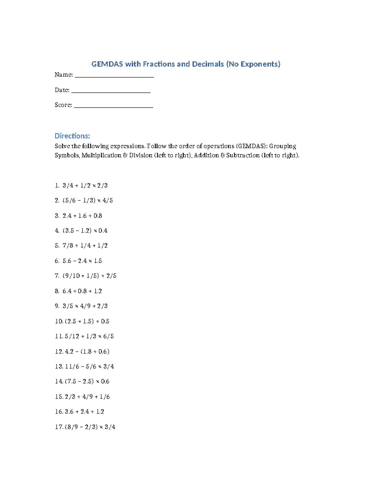 GEMDAS Fractions & Decimals Worksheet (No Exponents) - Studocu