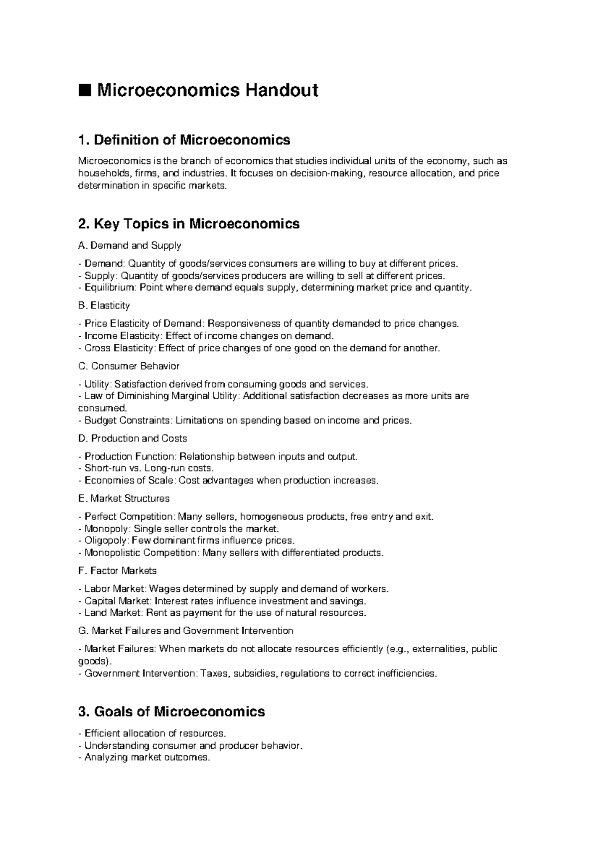 Microeconomics Handout 1: Key Concepts and Definitions - Studocu