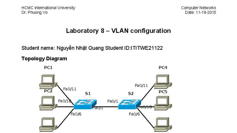 Lab 8 - VLAN Configuration for Computer Networks (ITITWE21122) - Studocu