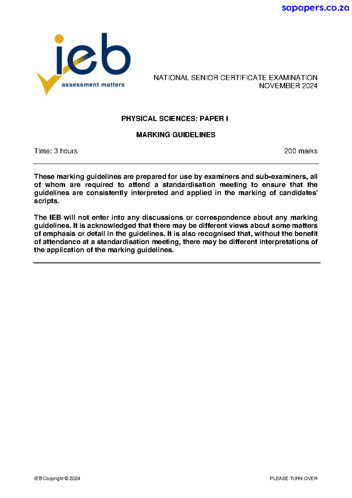 NATIONAL SENIOR CERTIFICATE PHYSICAL SCIENCES P1 MARKING GUIDELINES 2024 - Studocu