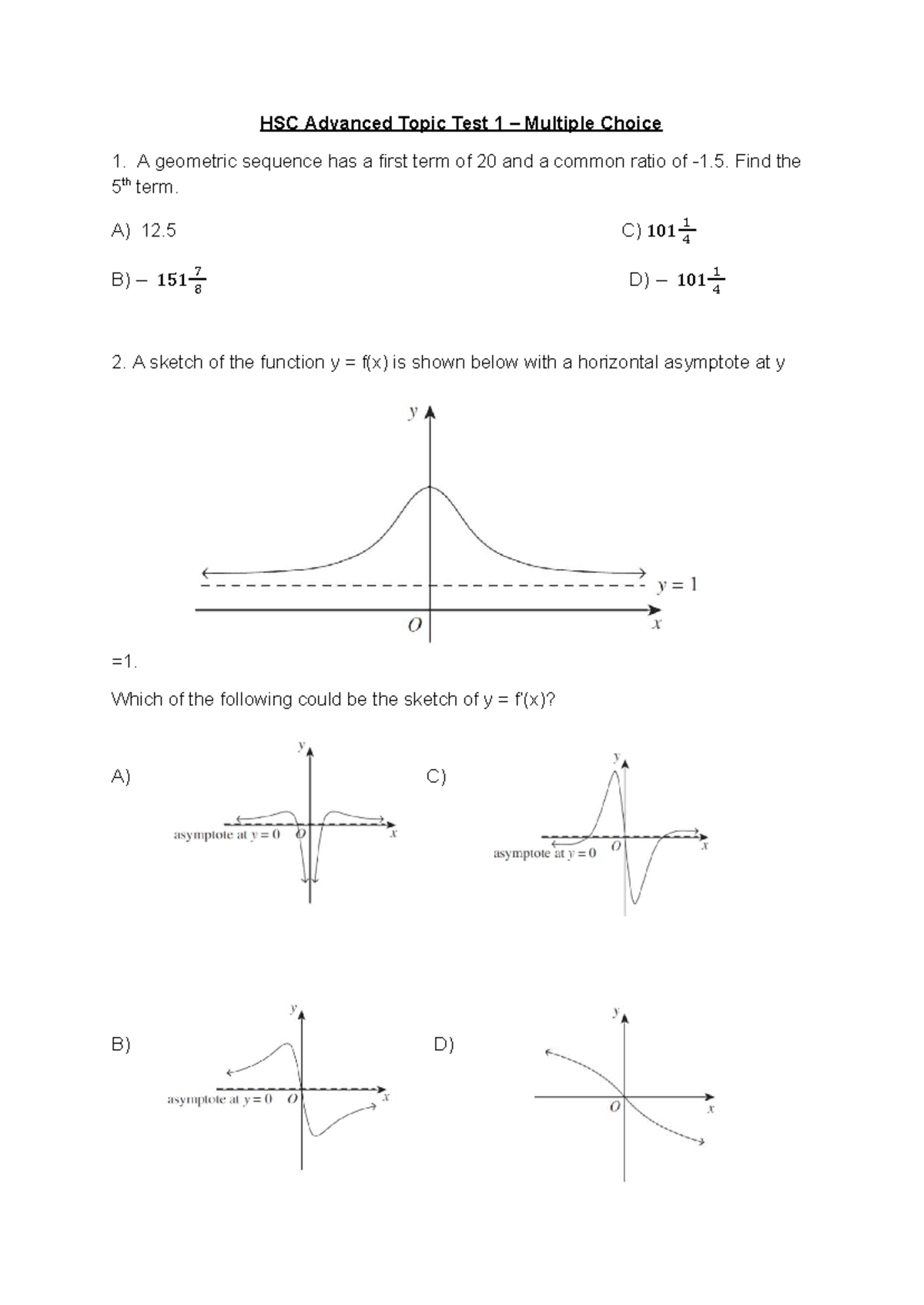 HSC Advanced Topic Test 1: Geometric Sequences & Functions Analysis ...