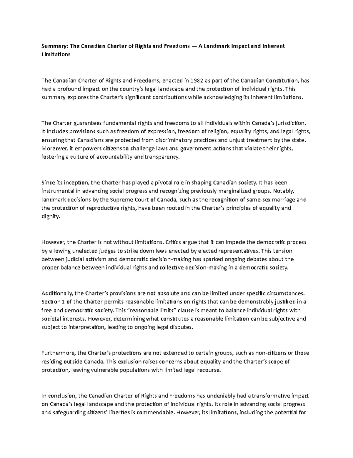 Summary: The Canadian Charter of Rights and Freedoms — A Landmark ...