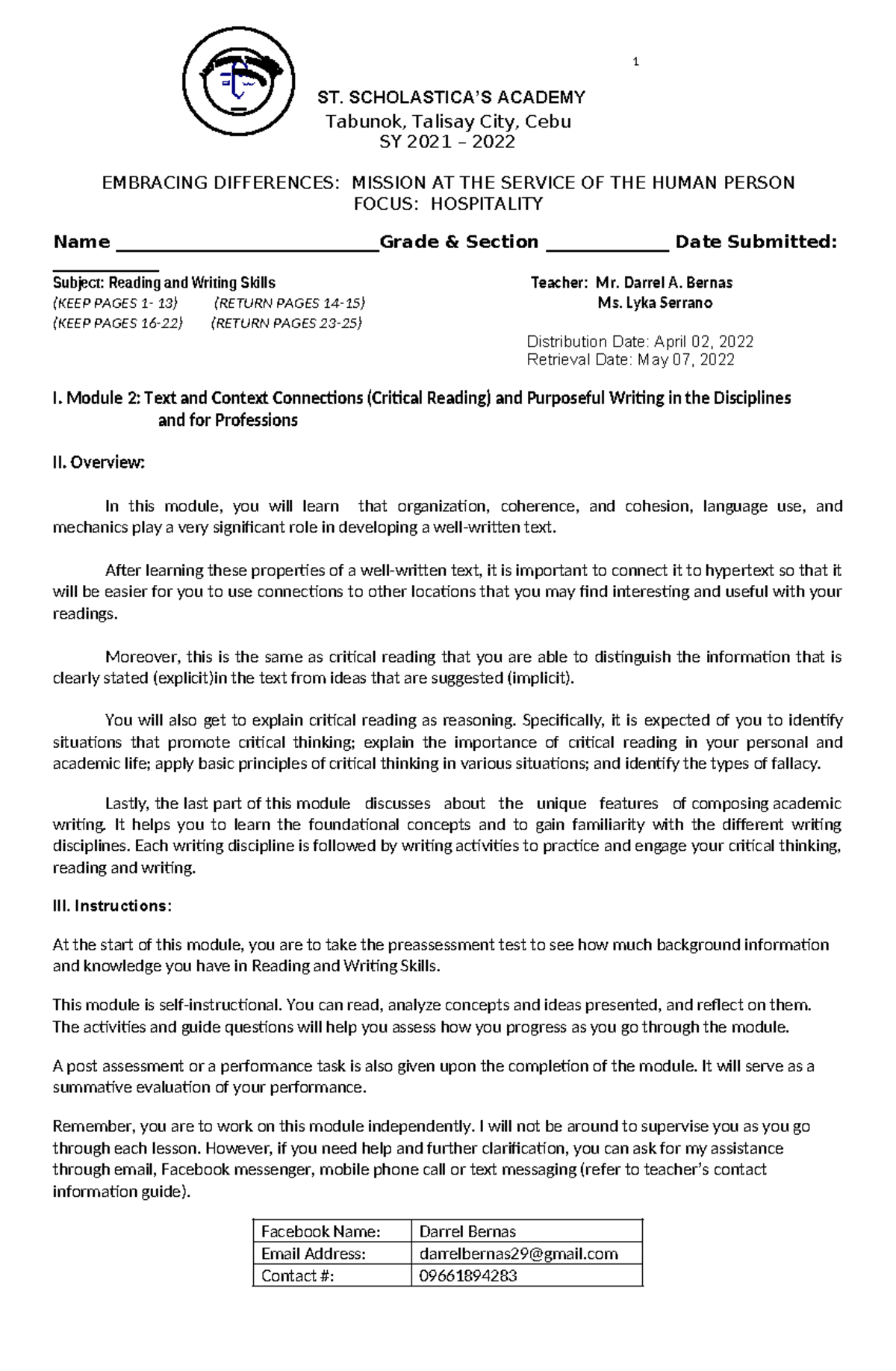 Module 2 Lessons 1 & 2: Reading and Writing Skills Overview - Studocu