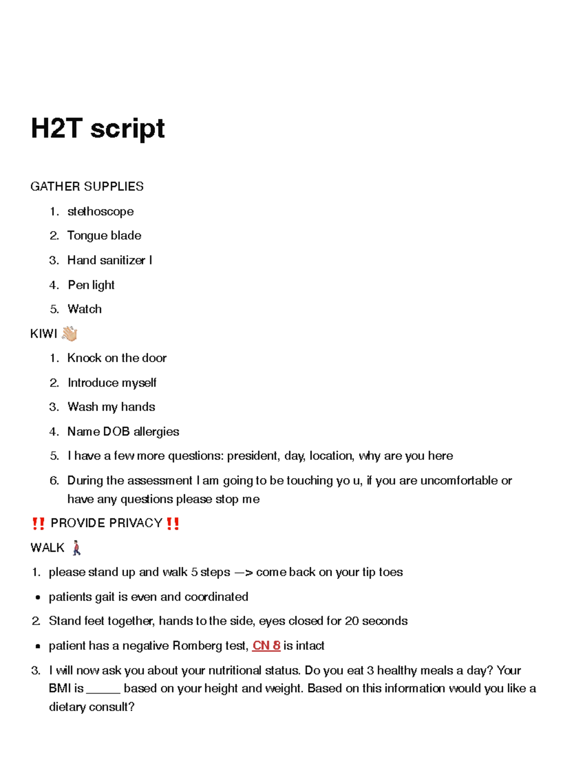 H2T Script - Head to Toe Assessment Checkoff Guide - Studocu
