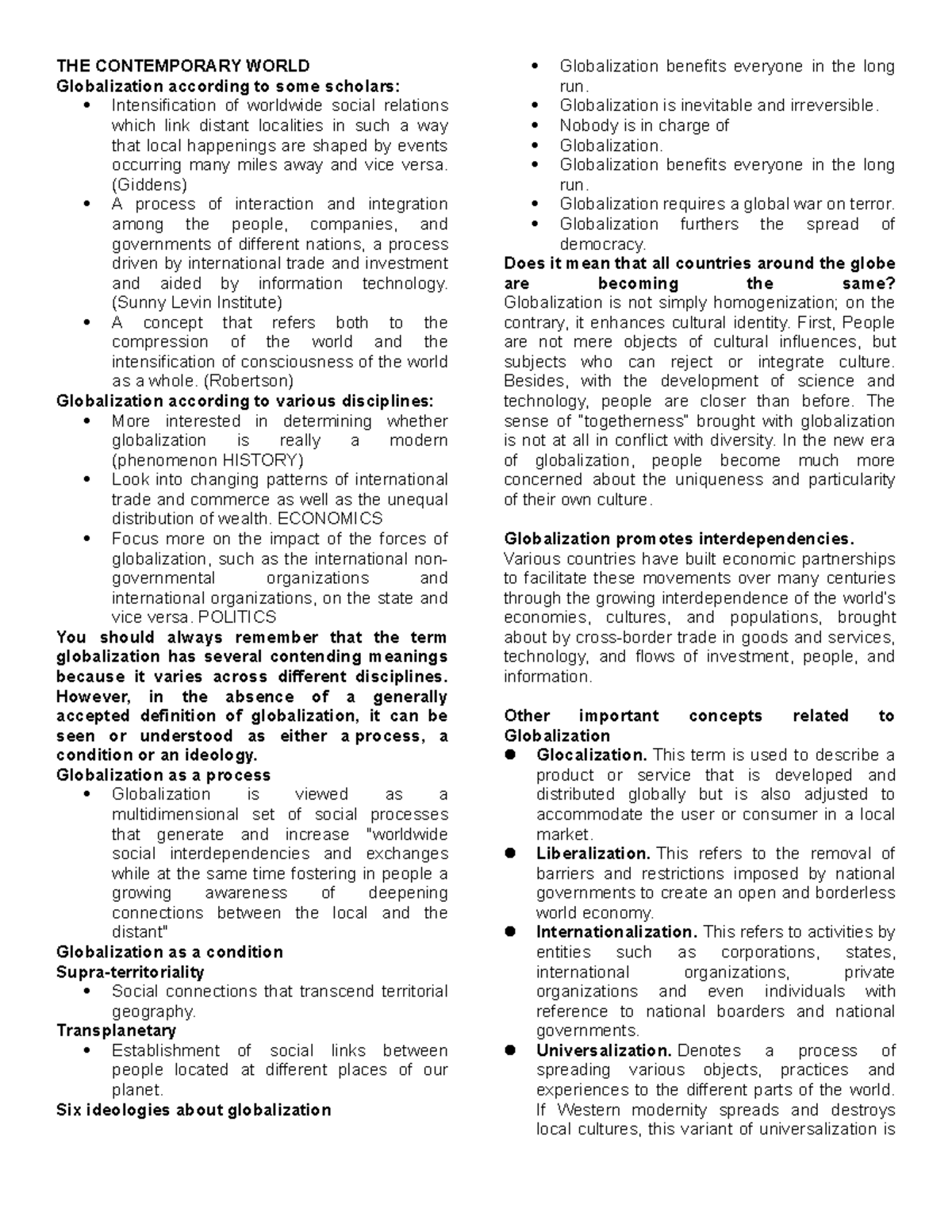 TCW- Globalization: Concepts, Theories, and Interdependencies Reviewer - Studocu