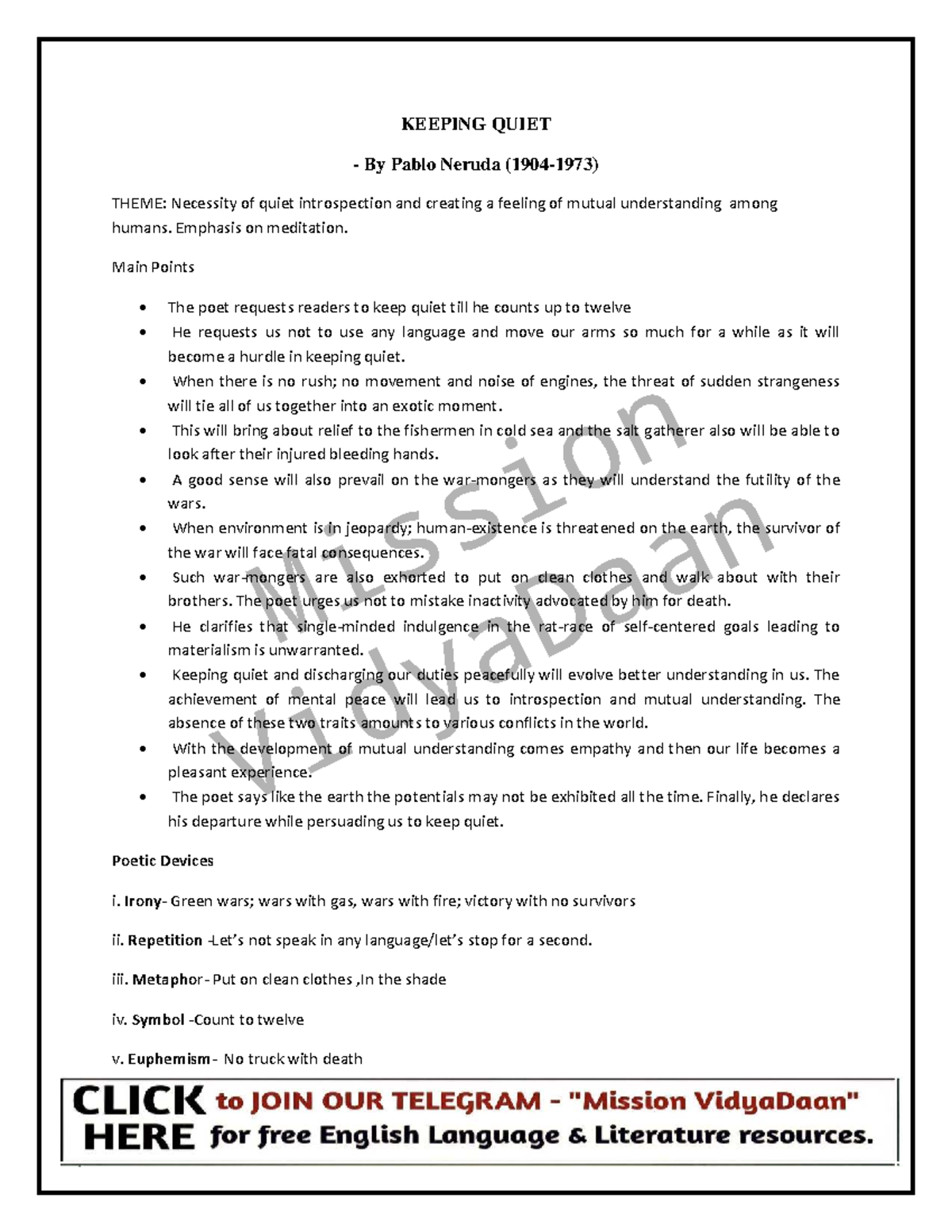 English - Keeping Quiet (Pablo Neruda) - Theme & Analysis Notes - Studocu