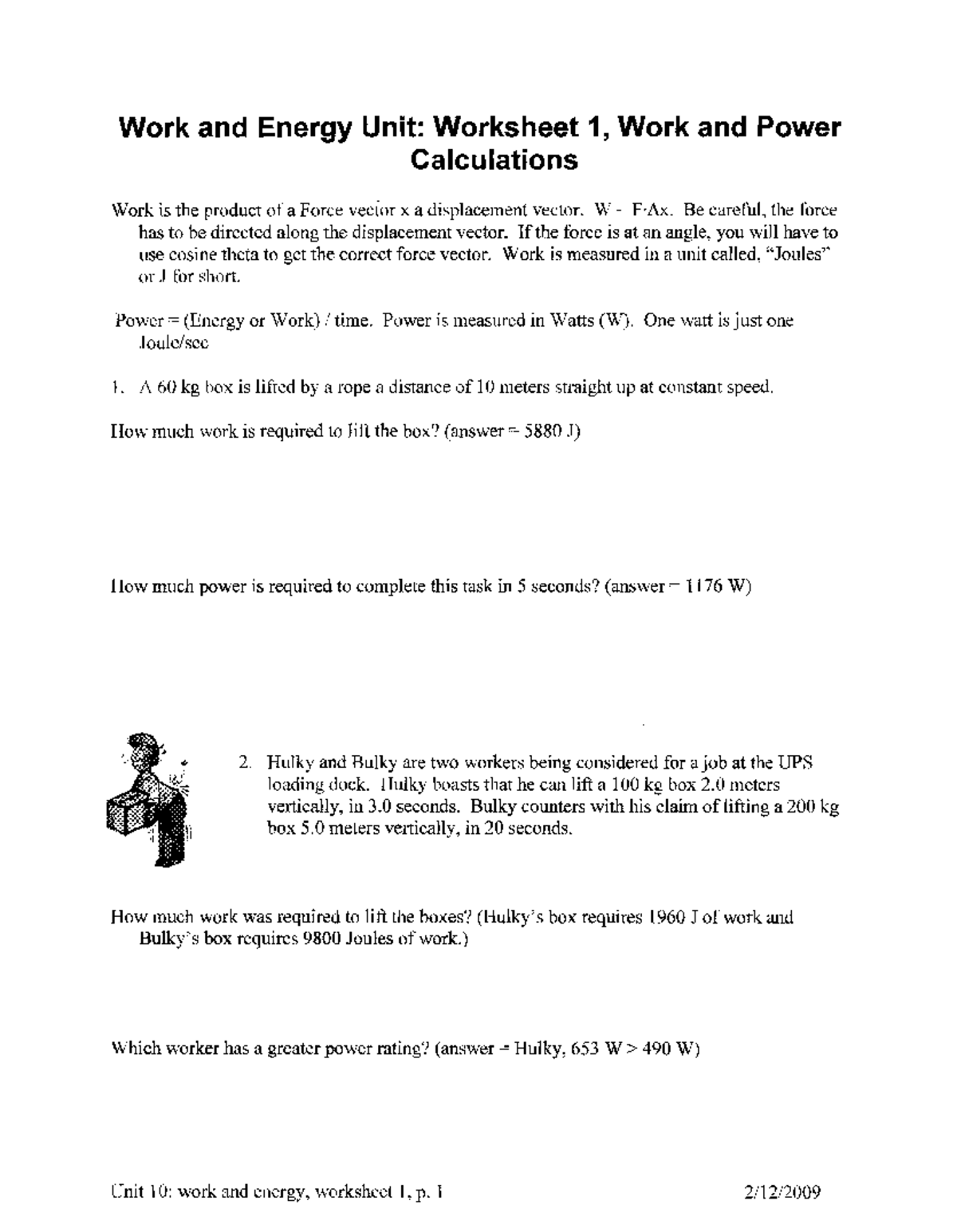 Work and Energy Unit: Worksheet 1 - Calculations of Work and Power ...