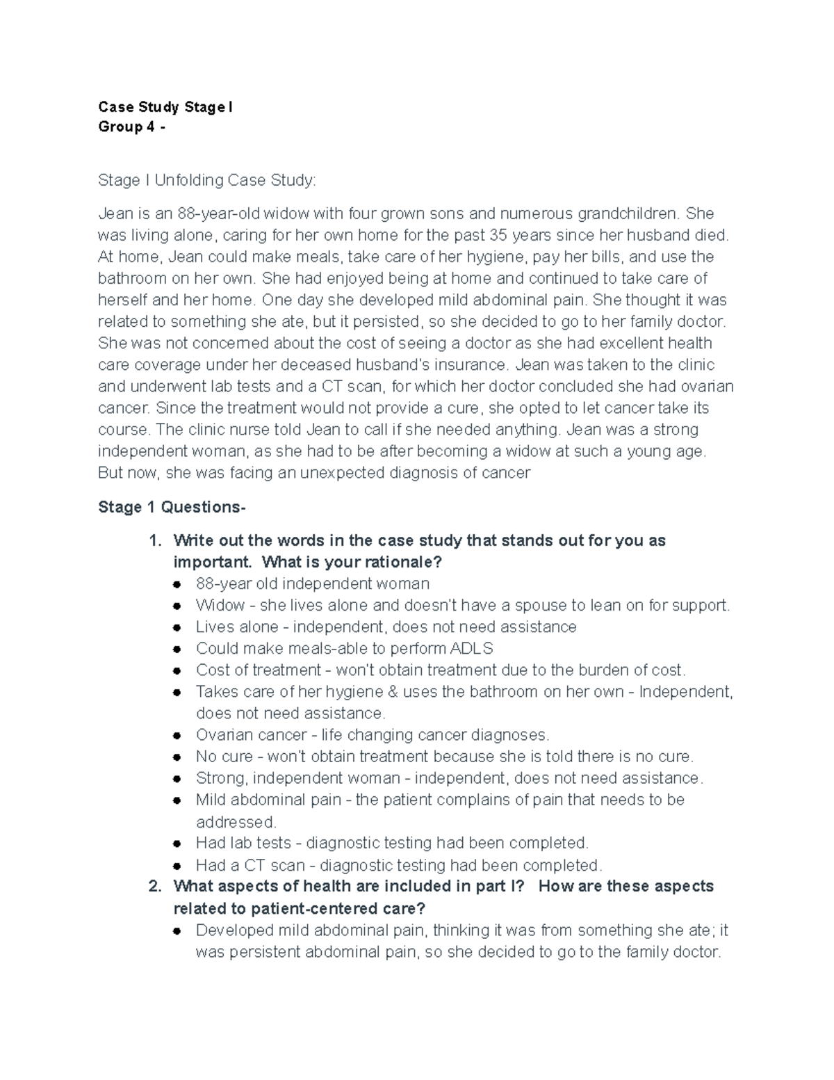 Case Study Stage I: Analyzing Jean's Independence and Cancer Diagnosis ...