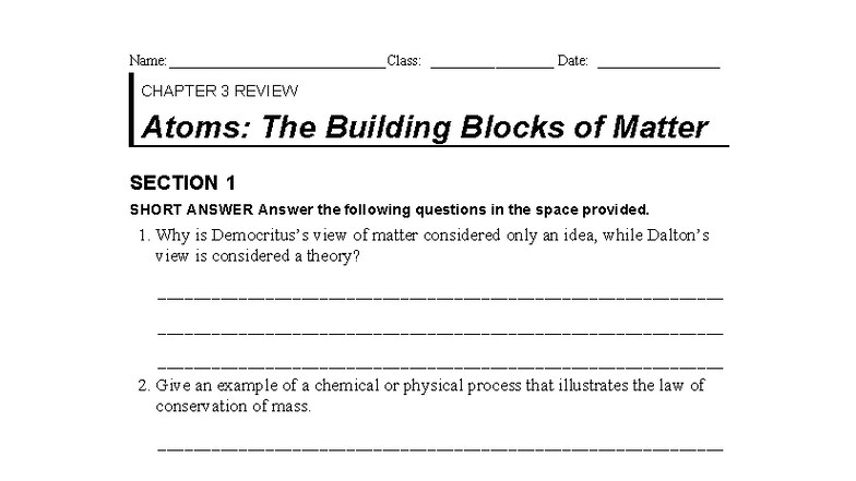 G9-Chemistry Q2: Chapter 3 Review - Atoms & Matter Concepts - Studocu