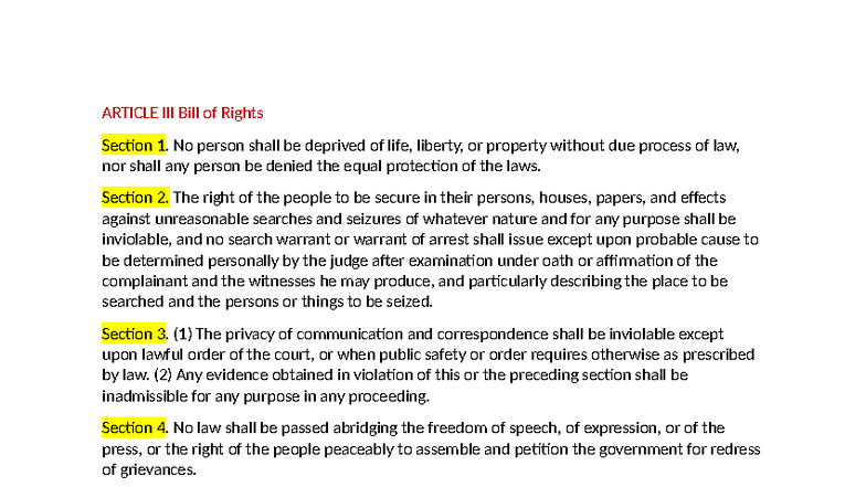 ARTICLE III Bill of Rights: Key Provisions and Protections - Studocu