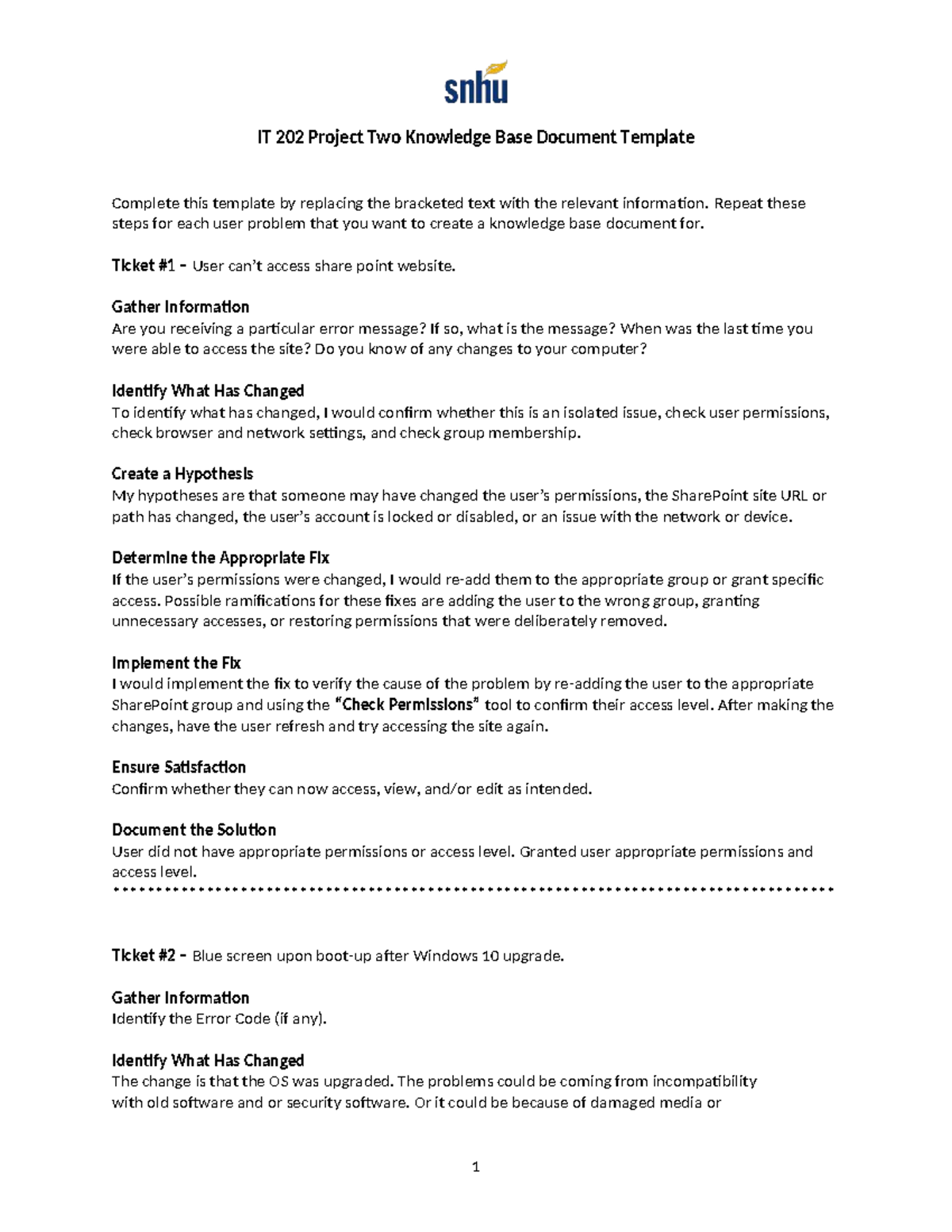IT 202 Project Two: Knowledge Base Document Template Guide - Studocu