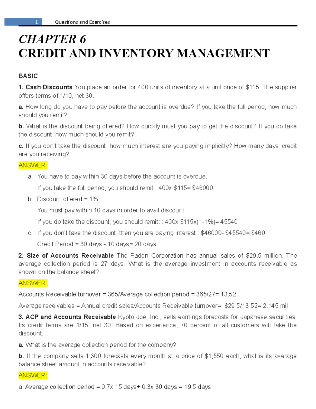 Chapter 6 Solutions - CF2: Credit & Inventory Management Exercises ...