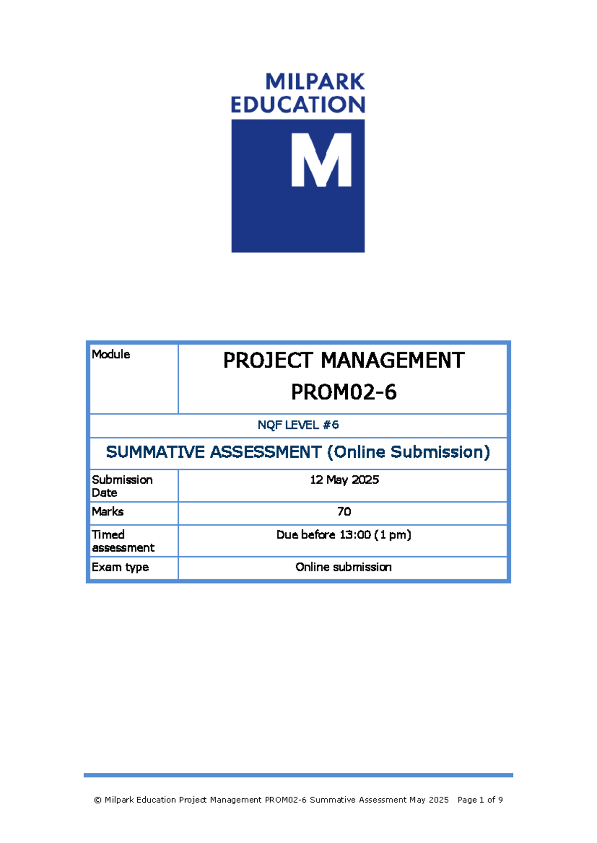 Project Management NQF Level Summative Assessment (PROM02-6) May 2025 ...