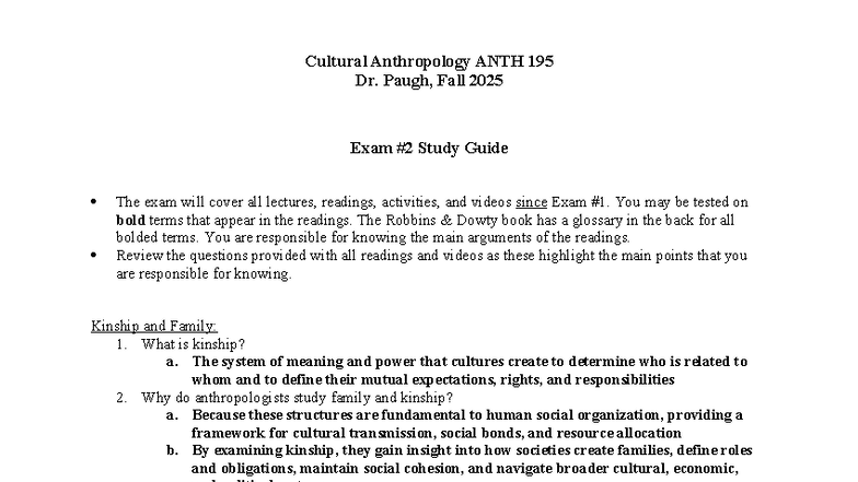 Cultural Anthropology ANTH 195 Dr. Paugh, Fall 2025 Exam 2 Study Guide ...
