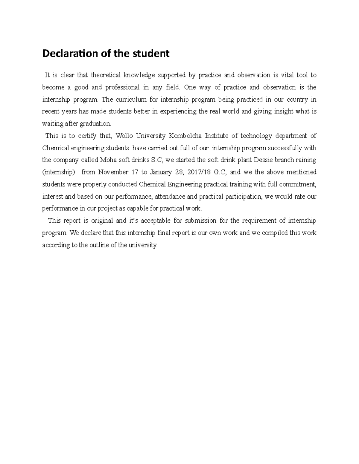 Final Wollo Intern Report - Declaration of the student It is clear that ...