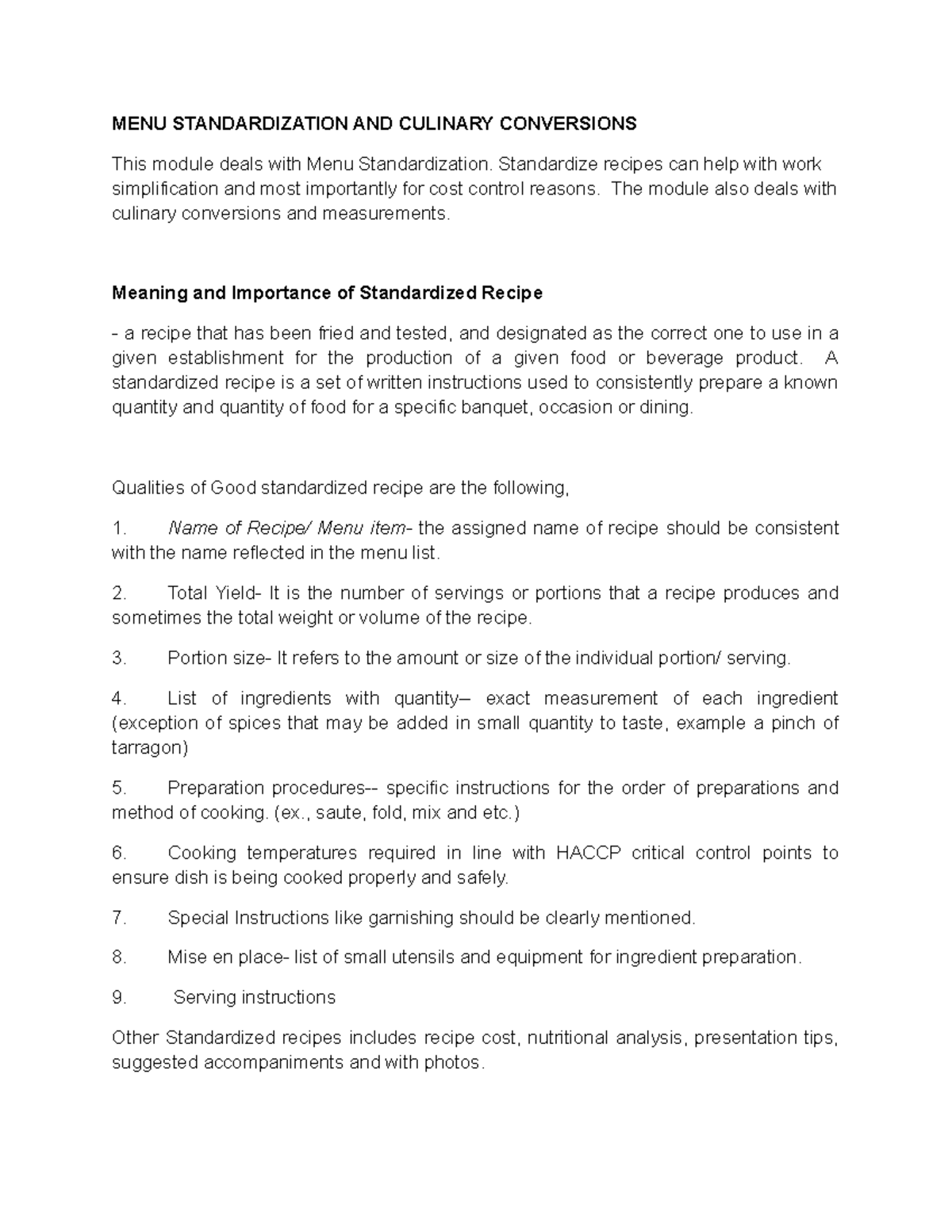 Menu Standardization & Culinary Conversions: Importance & Qualities ...